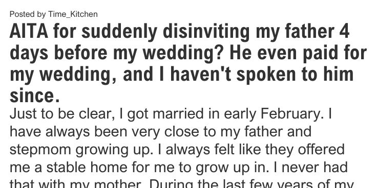 AITA for suddenly disinviting my father 4 days before my wedding? He ...